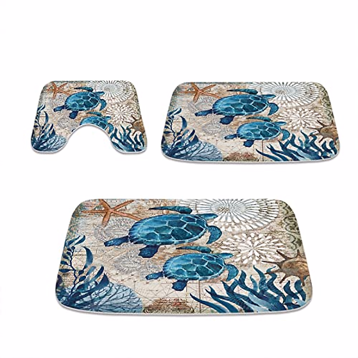 Final Friday Nautical Sea Turtles Blue Ocean Beach Bathroom Rugs and Mats Sets 3 Piece, Memory Foam Bath Mat, U-Shaped Contour Shower Mat Non Slip Absorbent, Velvet Washable 20 x 31 inch
