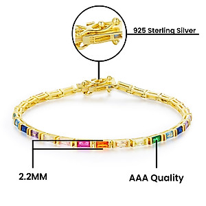 AFFY 14k Yellow Gold Plated 925 Sterling Silver Colourful Bar Setting Rainbow Baguette Sparkling Multi Color Sapphire Gemstone Tennis Bracelet, Jewelry for womens - 6.5" L
