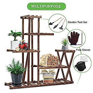 cfmour Wood Plant Stand Indoor Outdoor, Plant Display Multi Tier Flower Shelves Stands, Garden Plant Shelf Rack Holder in Corner Living Room Balcony Patio Yard with 3 Free Gardening Tools