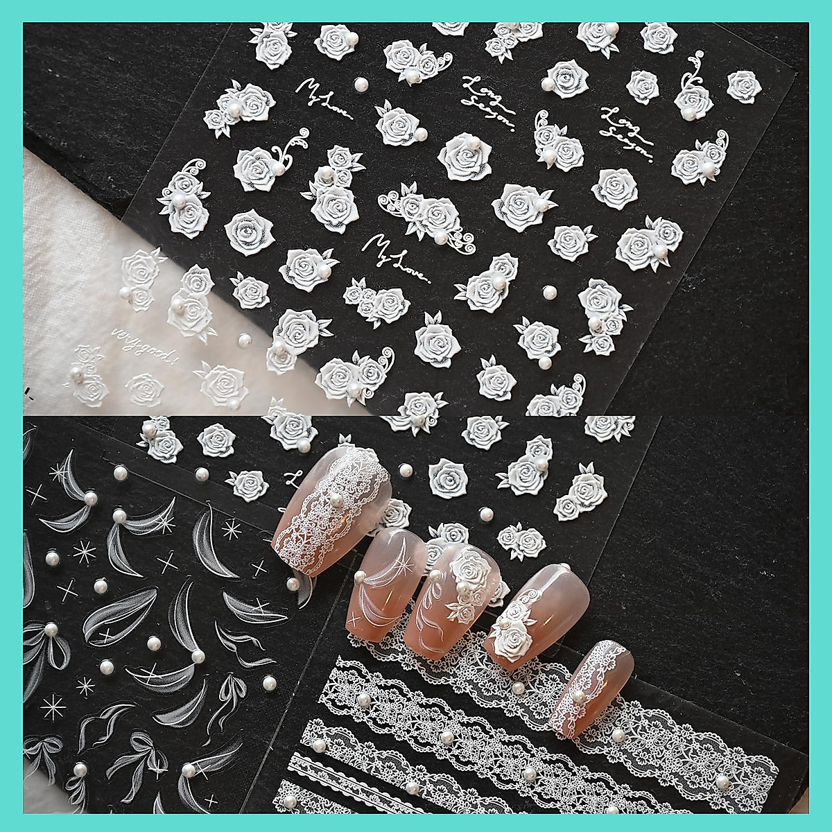CESTSIREN 3 Sheets White Nail Art Stickers 5D Embossed Flower Lace Ribbon Nail Decals for Nail Art Design Pearl Nail Accessories for Women Nail Art Supplies