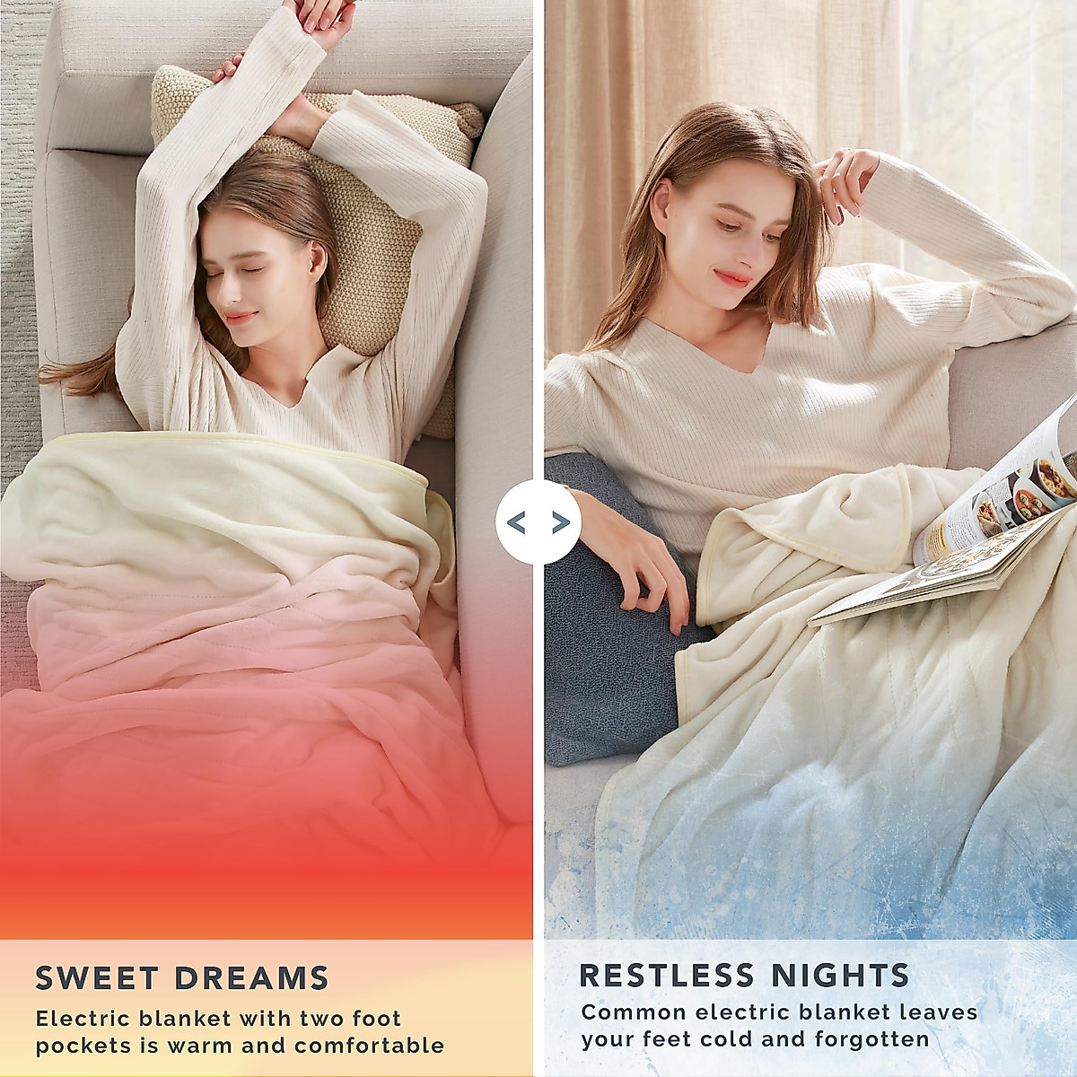 Micro-Plush Heated Blanket with Foot Pocket, Ivory, 50x62 Inch | Soft Toe Warmers Electric Throw Blankets for Couch | 3 Heat Settings with Auto Shut-Off | 6Ft Power Cord | Washable