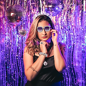 Hitele 6 Pcs 1970s Disco Accessories Set Disco Ball Earrings Necklace Bracelet Headband Ring and Sunglasses for Women Party (silver)