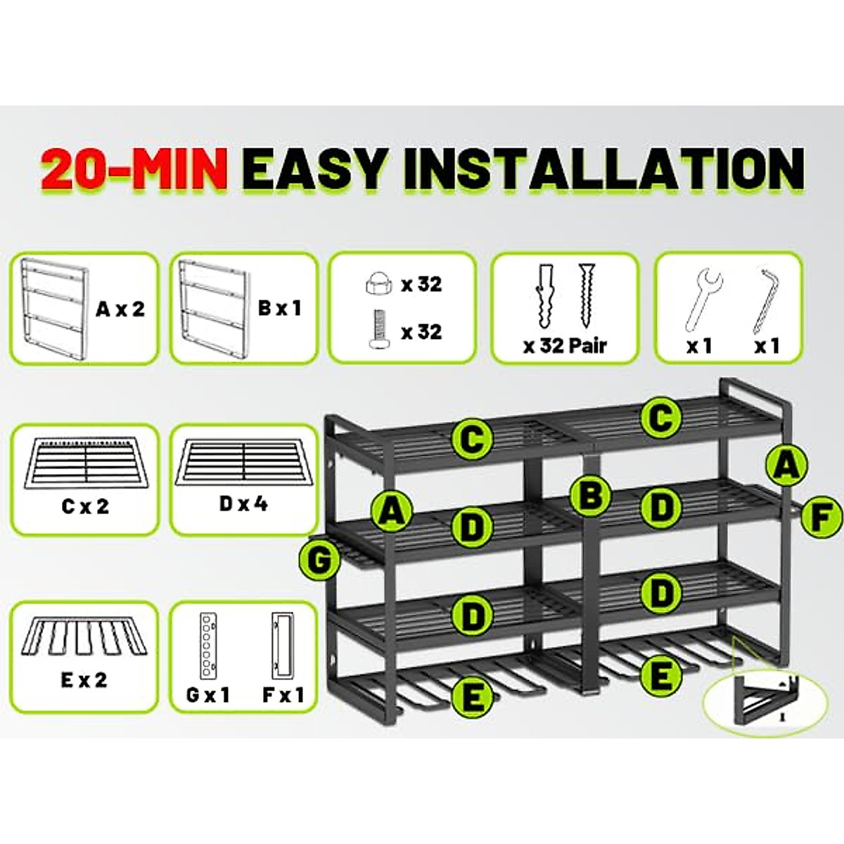 Power Tool Organizer Wall Mount,8 Drill Holder Wall Mount,4-Layer Garage Tool Organizer Wall Mount,Heavy Duty Power Tool Rack,Cordless Tool Organizer with Screwdriver Holder/Hammer Holder/Plier Holder