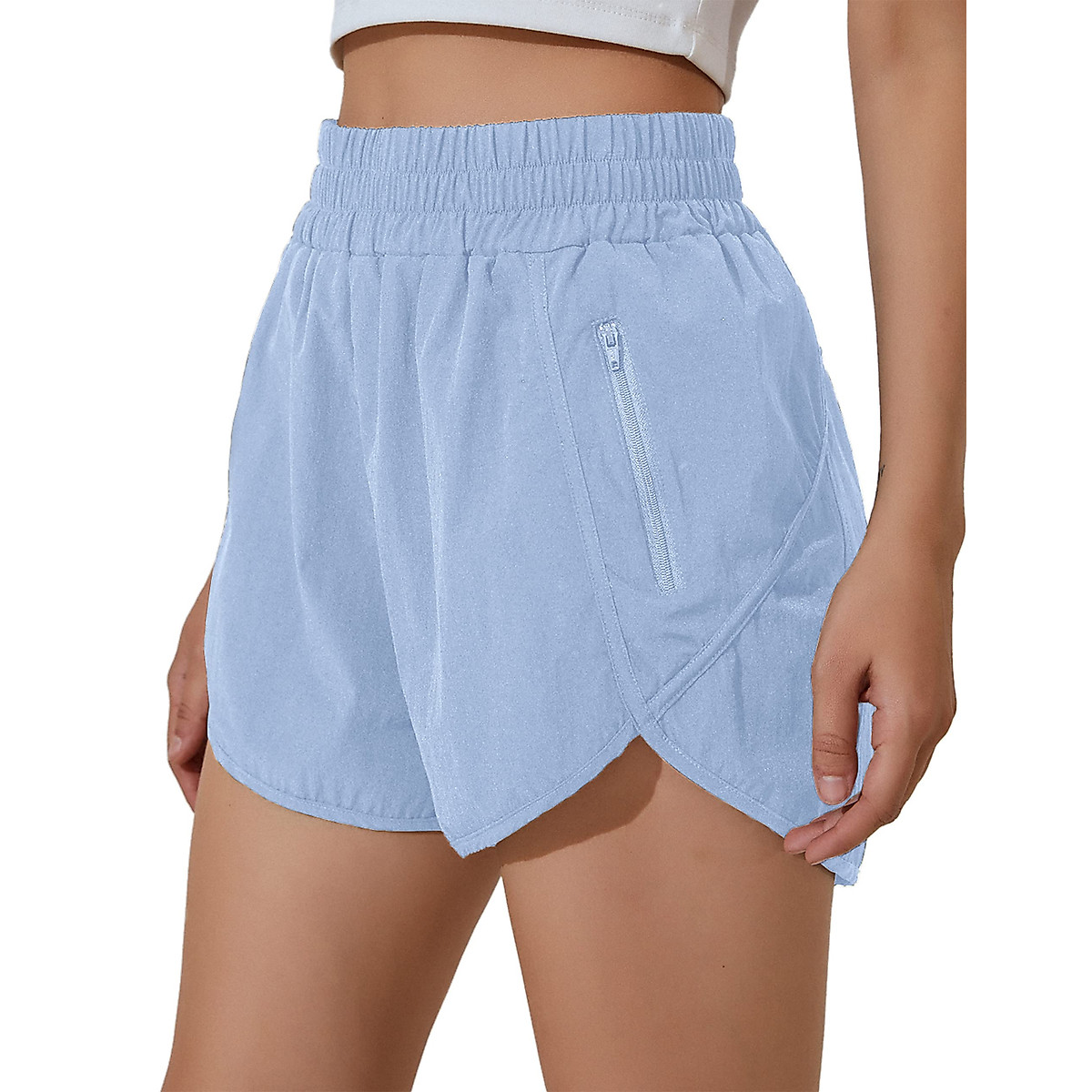 Blooming Jelly Womens High Waisted Running Shorts Athletic Workout Shorts Quick Dry Pants with Zipper Pocket(Small,Sky Blue)