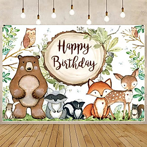GENERC Large Jungle Animals Baby Shower Backdrop Banner, Woodland Animals Party Decorations, Safari Animals Birthday Decorations for Boy & Girl, Woodland Creature Forest Background Decor, 5 x 3FT