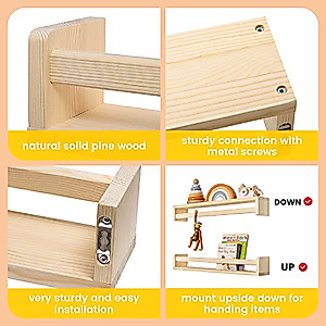 Fun Memories Nursery Book Shelves Set of 2 - Rustic Natural Solid Wood Floating Bookshelf for Kids - Wall Book Shelves Kitchen Spice Rack for Kids Room, Home Decor - Natural Wood - 24 Inch