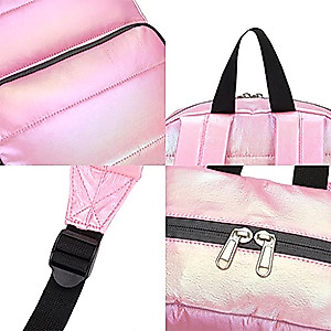 GBLQ PLUS Iridescent Backpack 15 Inch, Super Lightweight Ultra Soft Nylon Shiny Fabric Quilted Casual Daypack Pink