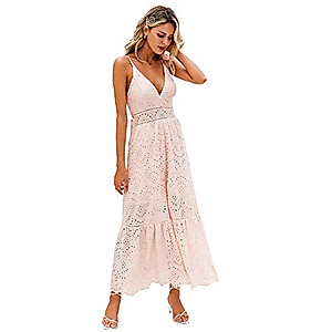 BerryGo Women's Embroidery Pearl Button Down Dress V Neck Spaghetti Strap Maxi Dress Peach Barbie Dress L