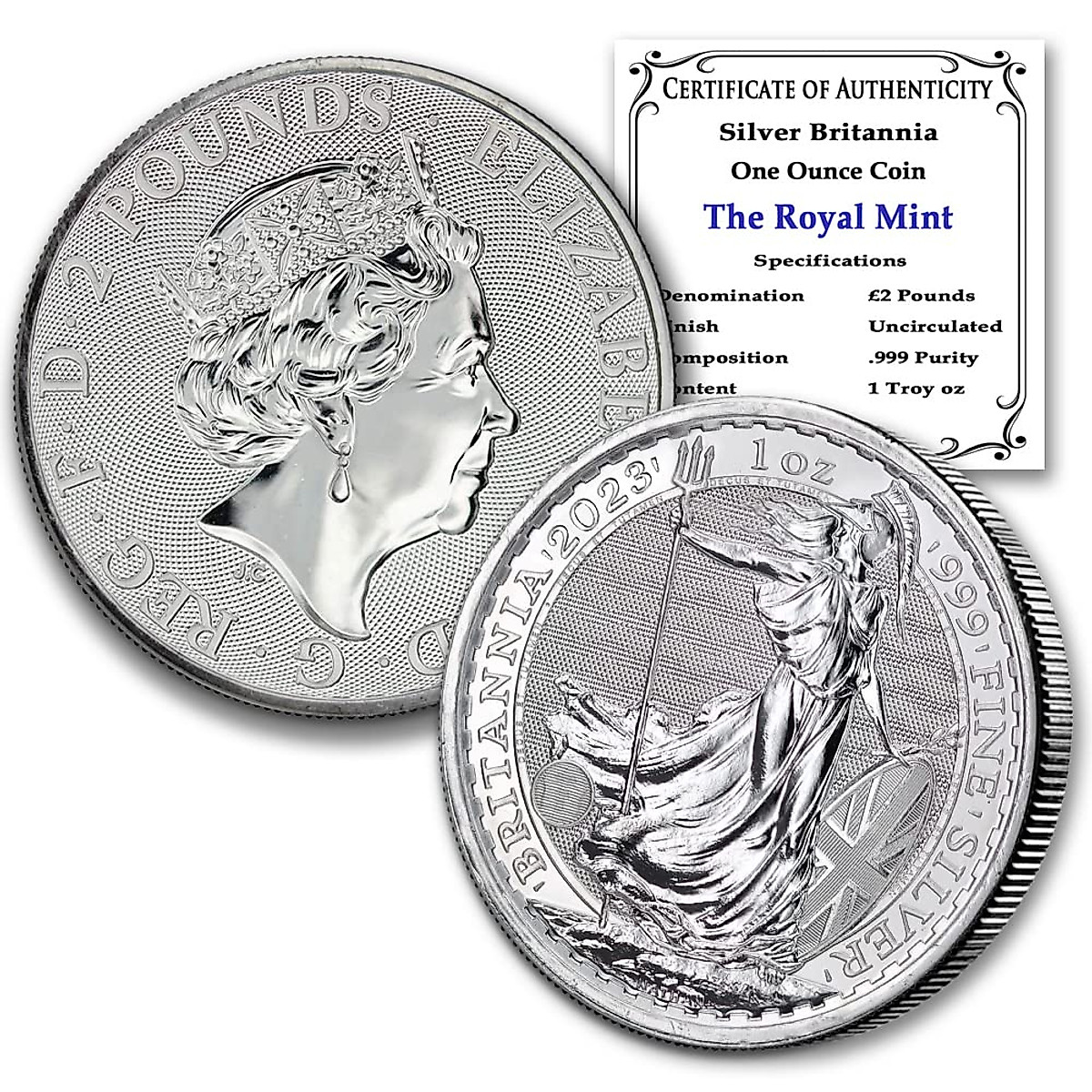 2023 1 oz British Silver Britannia Coin by the Royal Mint Brilliant Uncirculated with Certificate of Authenticity £2 BU