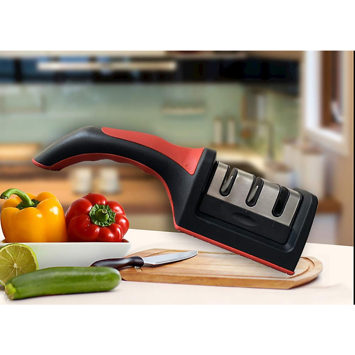 Original Premium Knife Sharpener, Professional Kitchen Chef 3 Slot Design, Easy Sharpening, Slip Resistant Grip, Safely Sharpen Knives, Restore Dull Knife for A Sharp Edge