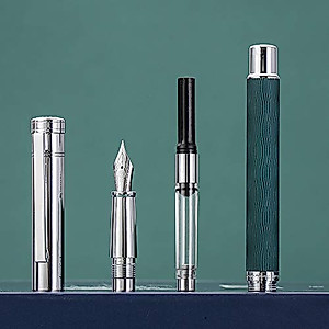 Hongdian 1843 Navigator Fountain Pen Fine Nib Solid Metal, Green Ripple Pattern with Refillable Converter and Metal Pen Case