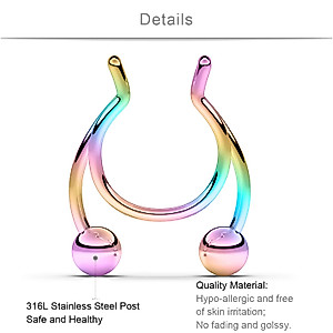 SCERRING Fake Septum Nose Hoop Rings Stainless Steel Faux Lip Ear Nose Septum Ring Non Piercing Clip On Nose Hoop Rings Body Piercing Jewelry Clear CZ 20PCS Mix Color 1#