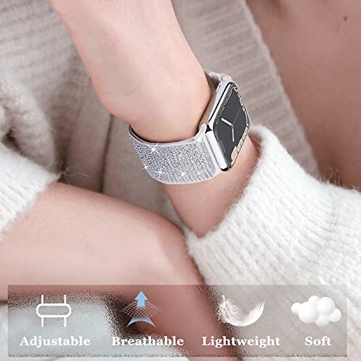 Bling Nylon Stretchy Bands Compatible With Apple Watch Bands 38mm 40mm 41mm For Women Girls, Adjustable Braided Loop Sport Bands For iWatch Series 8 7 6 SE 5 4 3 2 1, 6 Pack Sparkly Shiny Black Pink