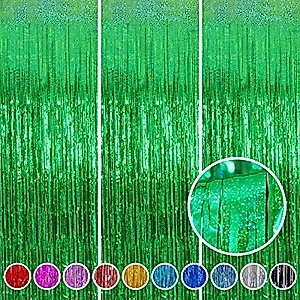 Foil Fringe Curtains Party Decorations - Melsan 3 Pack 3.2 x 8.2 ft Tinsel Curtain Party Photo Backdrop for Birthday Party Baby Shower or Graduation Decorations Green