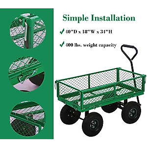 Hudada Garden Cart Heavy Duty Steel Utility Cart Yard Dump Wagon Cart Lawn Outdoor Utility Cart with Removable Sides and 10 Inch Wheels, Green