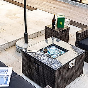 AJ Enjoy 32'' Propane Fire Pit Table, Marble Textured Ceramic Tabletop, 50,000 BTU Fire Table with Brown Wicker, Mix Color Glass Rocks, Including Lid&Cover, Square, Tank Required to Be Kept Outside