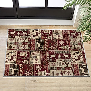 Artoid Mode Rustic Buffalo Deer Xmas Tree Snowflakes Christmas Area Rug, Winter Home Decor Low-Profile Non-Slip Washable Door Mat for Entryway Bedroom Living Room Laundry Room Indoor 2x3 Feet
