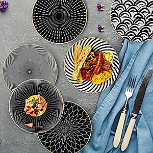 Sanbege 6 Pcs Porcelain Salad Plates, 8" Ceramic Serving Plates, Mix Match Dishes for Sandwich, Pasta, Steak, Dessert (Black and White)