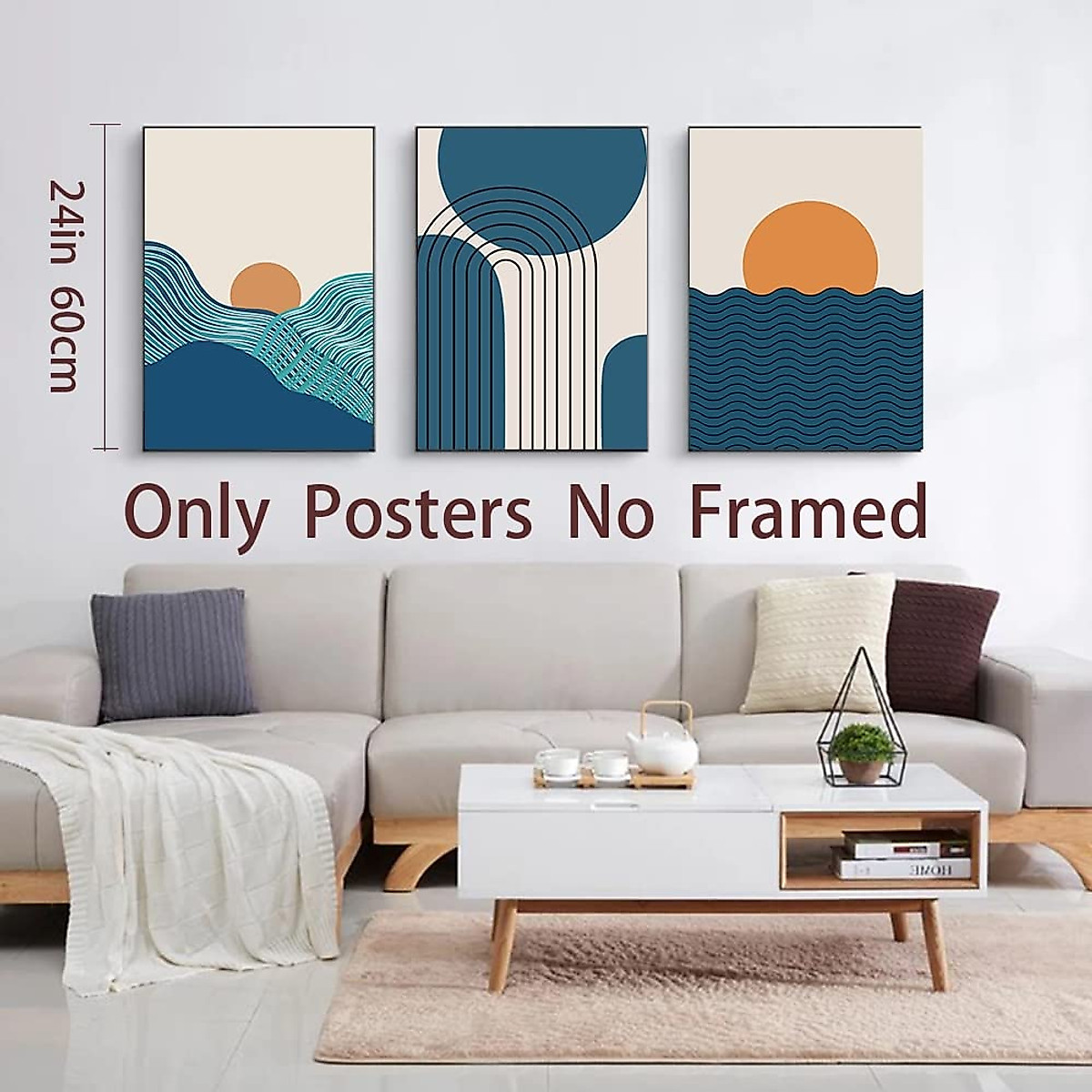 Boho Wall Art Decor Set of 3 Mid Century Blue Modern Rainbow Wall Decor 16x24in Canvas Paintings Print Minimalist Line Sun And Moon Artwork For Bedroom Living Room Nursery Aesthetic Bathroom