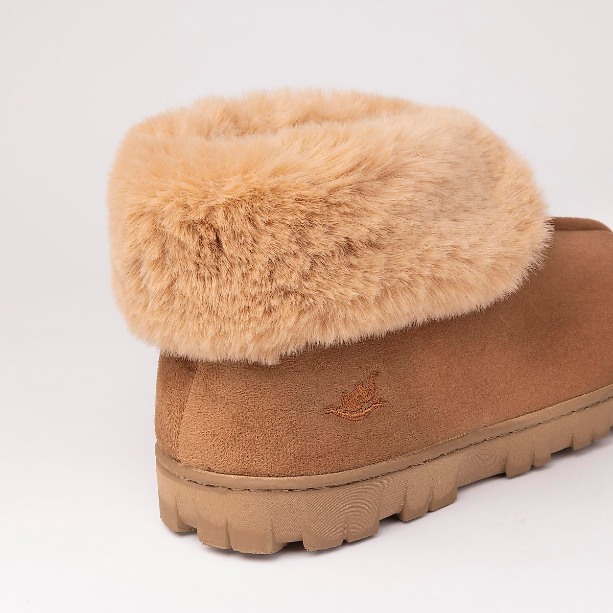 EUROPEAN SOFTEST Women's Micro Suede Faux Fur Fleece Lined Cozy 80-D High-Density Memory Foam Winter Slipper Bootie Breathable House Shoes with Non Skid Indoor Outdoor Sole (5-6, Camel)