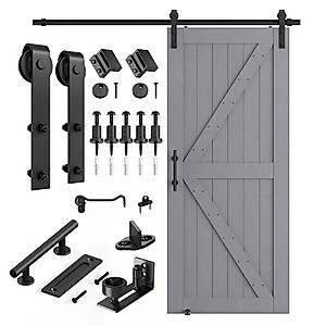 SMARTSTANDARD 36in x 84in Sliding Barn Door with 6.6ft Barn Door Hardware Kit & Handle, Pre-Drilled Ready to Assemble, DIY Unfinished Solid Spruce Wood Panelled Slab, K-Frame, Grey