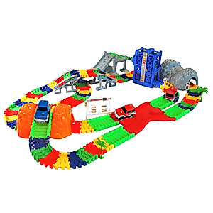 MMP Living Super Snap Speedway - Deluxe Bend and Flex Track Set with 3 Electric Cars, Tunnels, Bridge, Elevator, ramp, Track Merge and Accessories - Over 300 Pieces