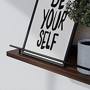 WOPITUES Floating Shelves with Black Metal Guardrail, Shelves for Wall Decor Set of 3, Wall Shelves for Bedroom, Bathroom, Kitchen, Living Room, Plants, Picture Frames, Art- Dark Brown