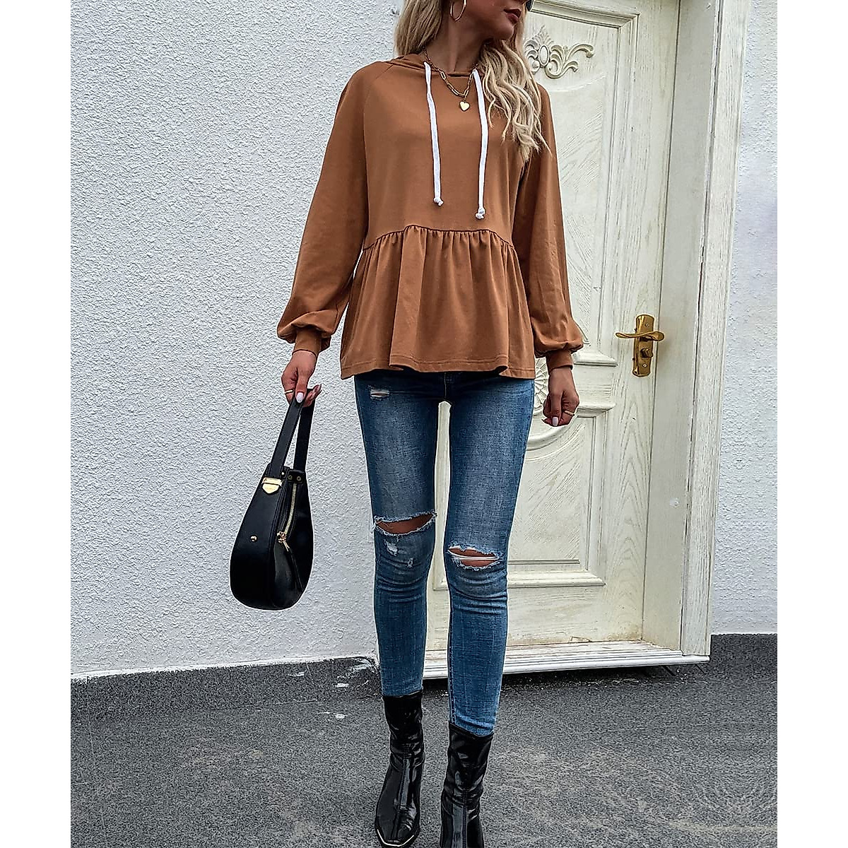 YOXUA Womens Casual Hoodies Peplum Tops, Long Sleeve Lightweight Drawstring Sweatshirt Jacket Pullover Shirts Blouse Coffee