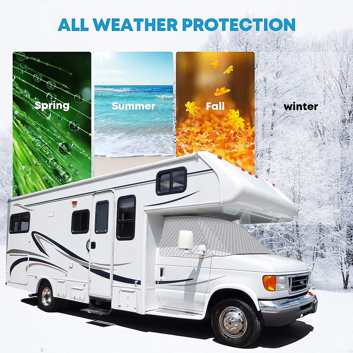COOLTOP RV Windshield Cover for Class C Ford E450 1997-2020, RV Front Window Cover Motorhome Windshield Sunshade Cover with Mirror Cutouts
