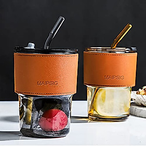 MAIPSIG Glass Iced Coffee Cup，Glass Tumbler With Lid and Glass Straw Carry on，13.5 oz Iced Coffee Glass Cup, Tumbler Cup for Smoothie, Boba Tea, Whiskey, Water, BPA Free