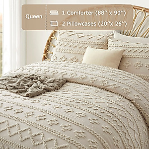 Oli Anderson Beige Queen Comforter Set Tufted Bedding Set Queen 3 Pieces, Boho Shabby Chic Comforter with 2 Pillowcases (Beige,Queen)