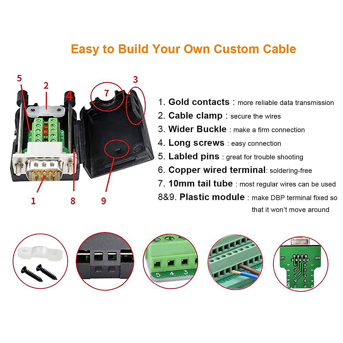 DTech DB9 Breakout Connector, Male RS232 Serial Adapter, Solderless Module Board with Screw Terminals, Case, Long Bolts, Tail Pipes