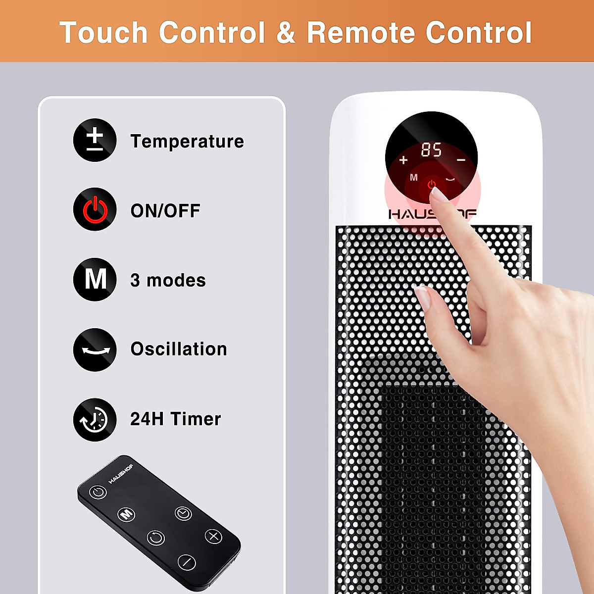 HAUSHOF 1500W Tower Space Heater, 1-24h Timer Digital Ceramic Heater with Touch& Remote Control, Overheat Protection, Safe for Home Office