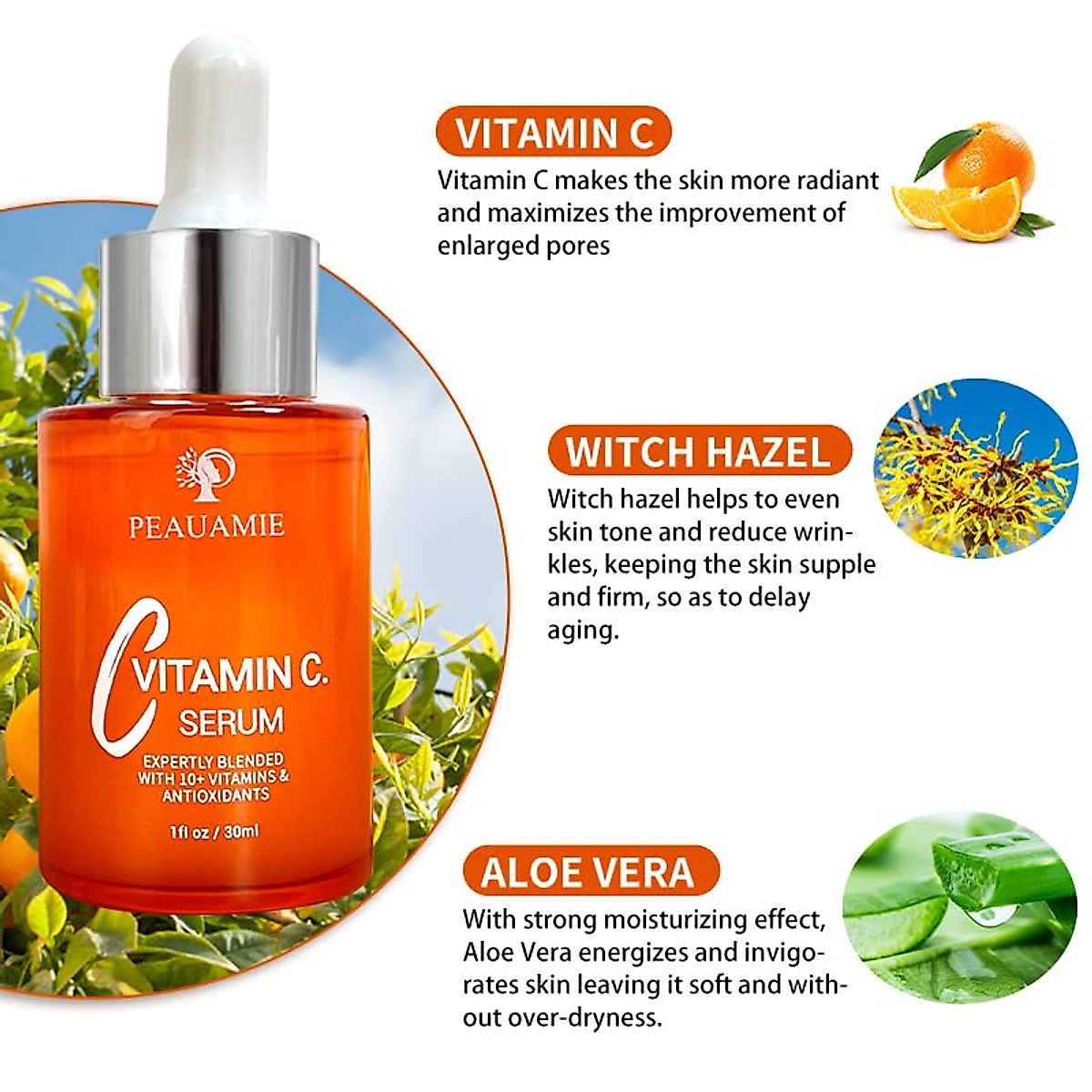 Peauamie Vitamin C Serum for Face Anti Aging with 2% Hyaluronic Acid and 1% Retinol Ferulic Acid,Moisturizer for Fine Lines and Wrinkles 1 fl oz