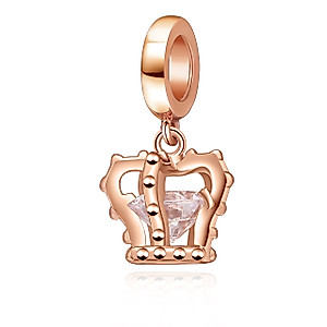 Tiara Dangle Charms 925 Sterling Silver Princess Crown Beads with CZ for European Bracelet (Rose Gold)