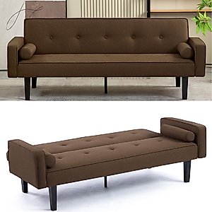 Convertible Folding Sofa Bed Futon,Mid-Century Velvet Fabric Love Seat Sofa Furniture,Upholstered Sleeper Couch with 2 Pillows&Wood Legs for Small Space Living Room Apartment Office (Brown-)