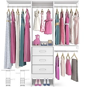 Besiost 4FT Small Closet System with 3 Fabric Drawers, 48'' Closet Organizer System with 3 Adjustable Shelves, Flexible Built-in Clothes Garment Rack for Small Space, 48" L x 13" W x 71" H, White