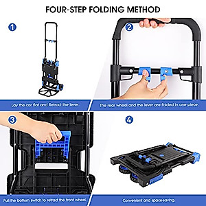 HIYATEE Heavy Duty Folding Hand Truck, 330lbs Portable Dolly Cart Retractable Handle,Foldable 2 in 1 Hand Truck Push Cart Dolly with 4 Wheels, Suitable for Home/Office/Travel/Warehouse/Market/Handling