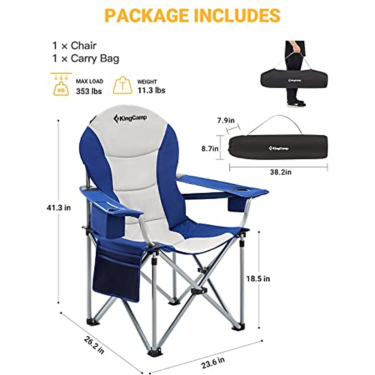 KingCamp 3PCS Lumbar Support Camping Chairs with Cooler Bag Padded Folding Camping Chair for Adults with Adjustable Armrest