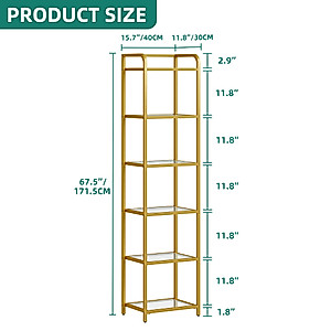 YITAHOME 6-Tier Bookshelf, Tempered Glass Bookshelf, Slim Shelving Unit for Bedroom, Bathroom, Home Office, Steel Frame, Gold