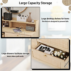 FUQARHY Rattan Dresser for Bedroom with Shelves, Modern 6 Drawer Double Dresser with Charging Station, Wood Chest of Drawers for Bedroom, Living Room, Hallway (Natural)