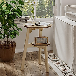 ChooChoo Round End Table Set of 2, Narrow Side Table for Small Spaces, Accent Table Night Stand with 2 Tier Shelf for Bedroom and Living Room, Natural