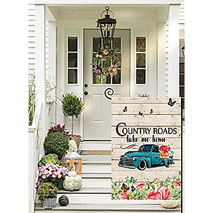 Spring Garden Flag 12x18 Inch Double Sided,Blue Truck with Flowers Country Roads Take Me Home Yard Flag,Small Flag for Farmhouse Outdoor Decor
