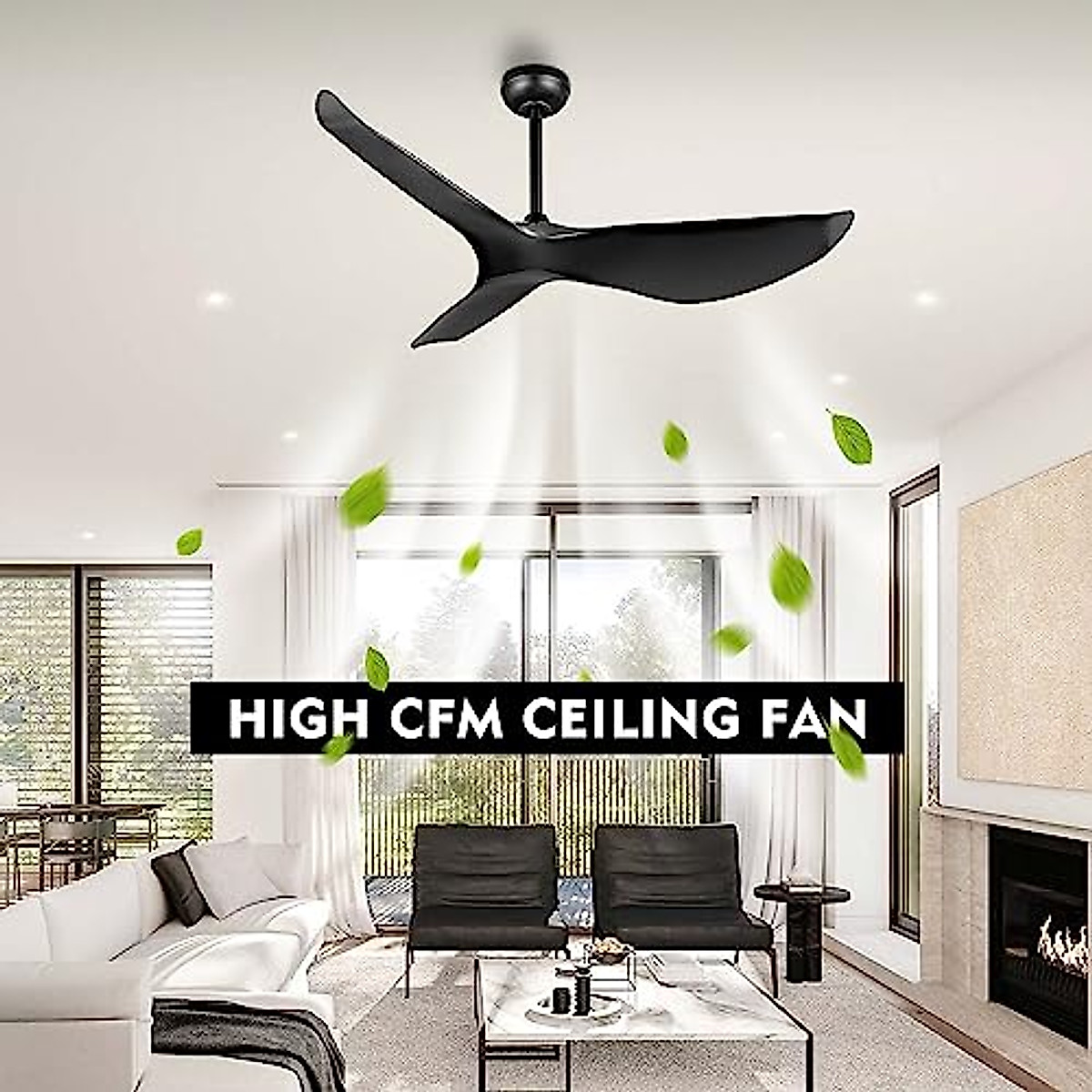 LEDLUX 52" Ceiling Fan no Light, 6 Speed Remote Control, Noiseless Reversible DC Motor, Modern 3 ABS Blades Ceiling Fan with 4.5"/12" Downrods for Bedroom/Living Room/Kitchen Black