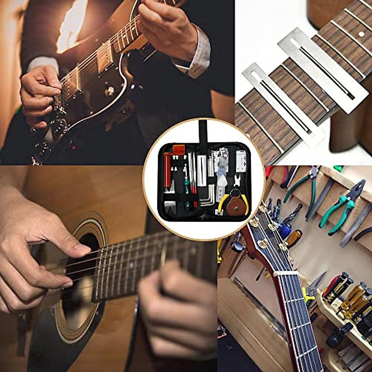 GOCOHHI Guitar Repairing Tool Kit Wire Plier,String Organizer,Fingerboard Protector,Hex Wrenches, Files, String Ruler Action Ruler, Spanner Wrench,Bridge Pins for Guitar Ukulele Bass Mandolin (26 PCS)