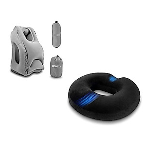 HOMCA Travel Pillow, Portable Head Neck Rest Inflatable Pillow from, Design for Airplanes, Cars, Buses, Trains, Office Napping, Camping - Includes Free Eye mask