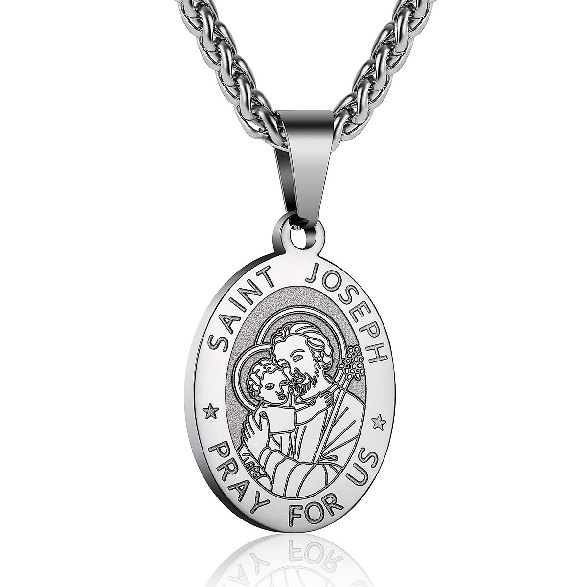 Zocomi Silver Saint St Joseph Medal Necklace for Men Boys, St. Joseph Pendant Chain Jewelry Catholic Christian Religious Baptism First Communion Confirmation Gifts Teenage Age Kids