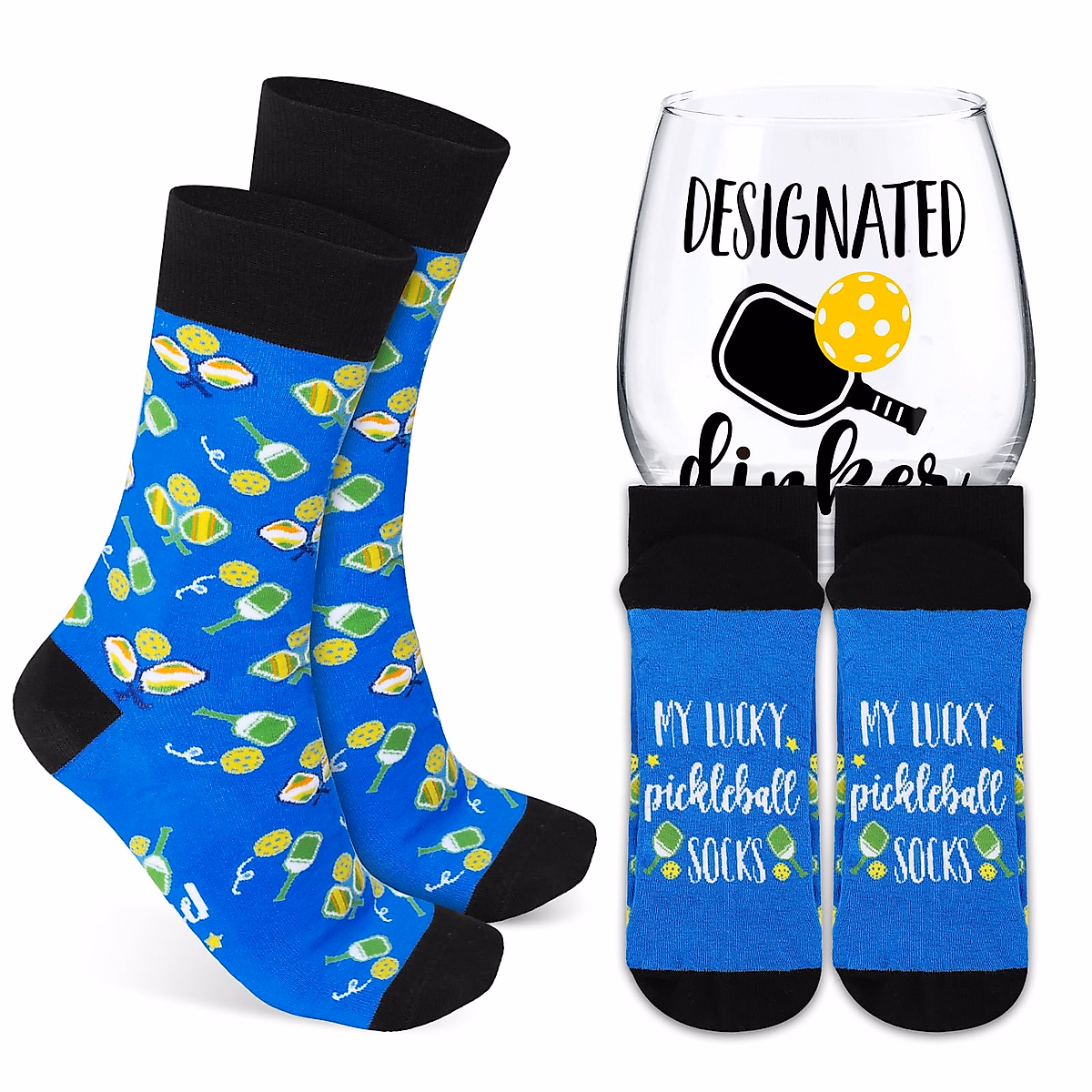 Nefelibata Father's Day Gfit Set Idea Man Pickleball Crew Socks,Stemless Wine Glass 17oz, Funny Pickleball Gifts for Coach, Dad, Birthday, Retirement