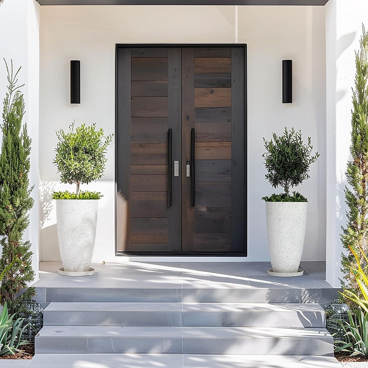 LA Jolie Muse 20 Inch Tall White Planters,Set of 2 Indoor/Outdoor Tall Planters with Shelf Insert and Trays,Modern Large Flower Pot for Front Front Door, Patio and Deck