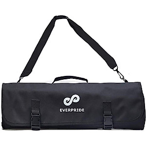 EVERPRIDE Chef Knife Roll Bag Holds 12 Knives – Contains 2 Large Zippered Pockets for Meat Cleavers and Cooking Tools – Durable Knife Case for Chefs and Culinary Students – Includes 2 Knife Guards